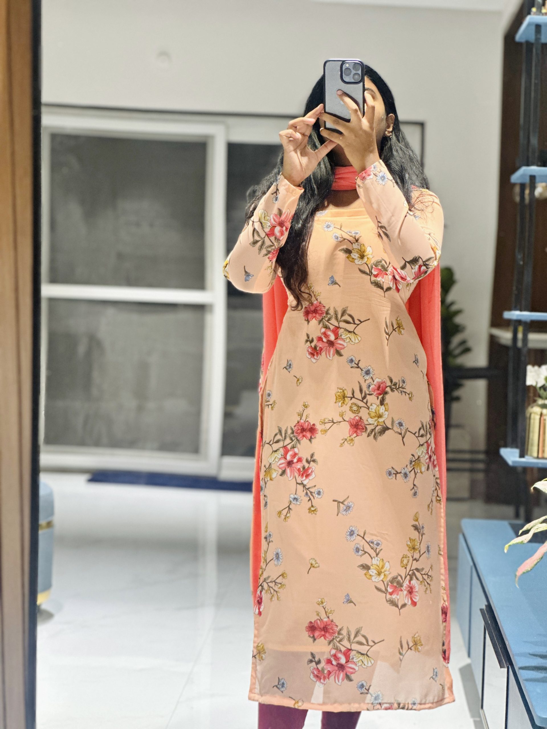 Peach floral chiffon set – Dharvi By Rachana