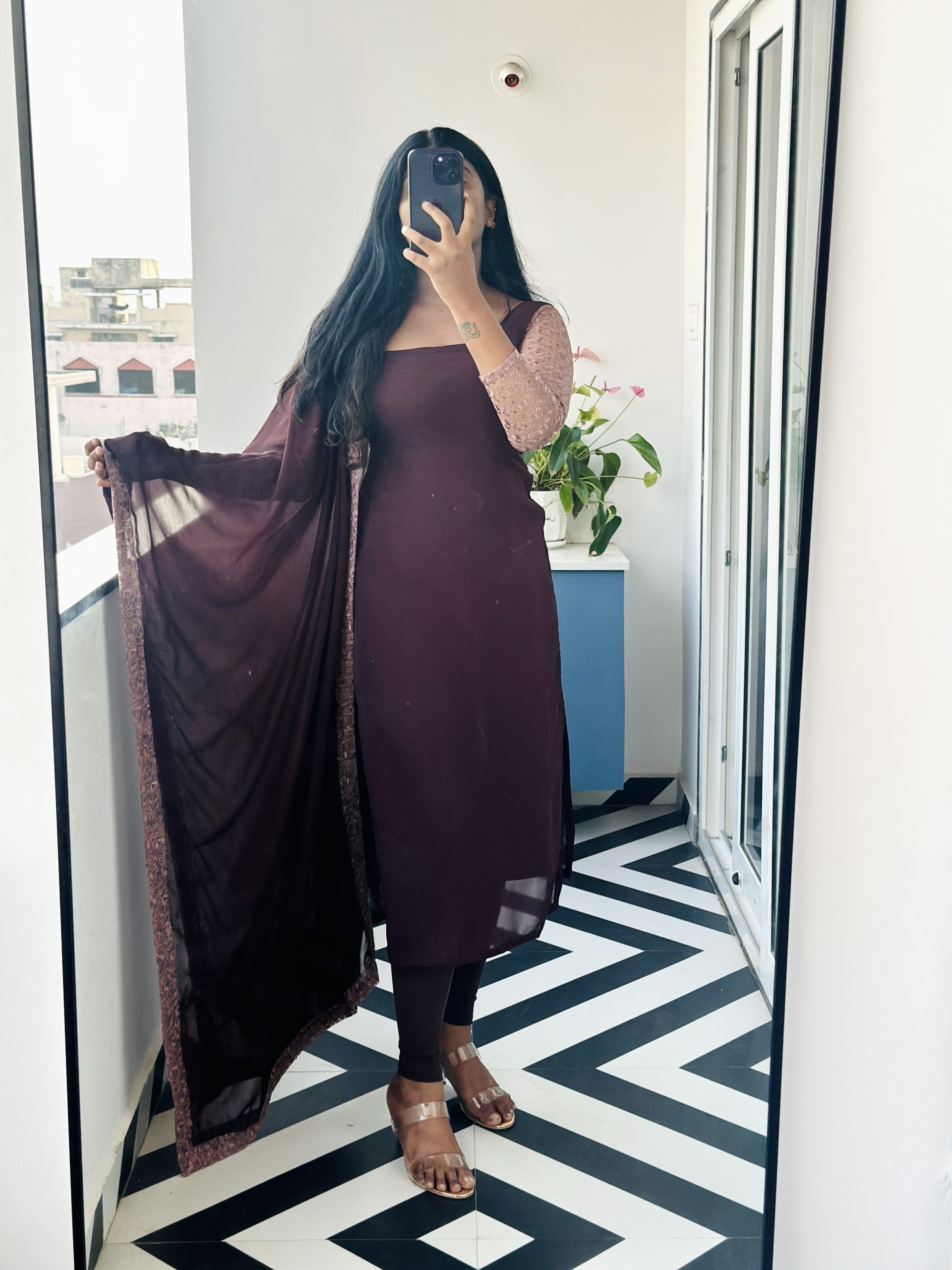 Coffee brown chiffon set – Dharvi By Rachana